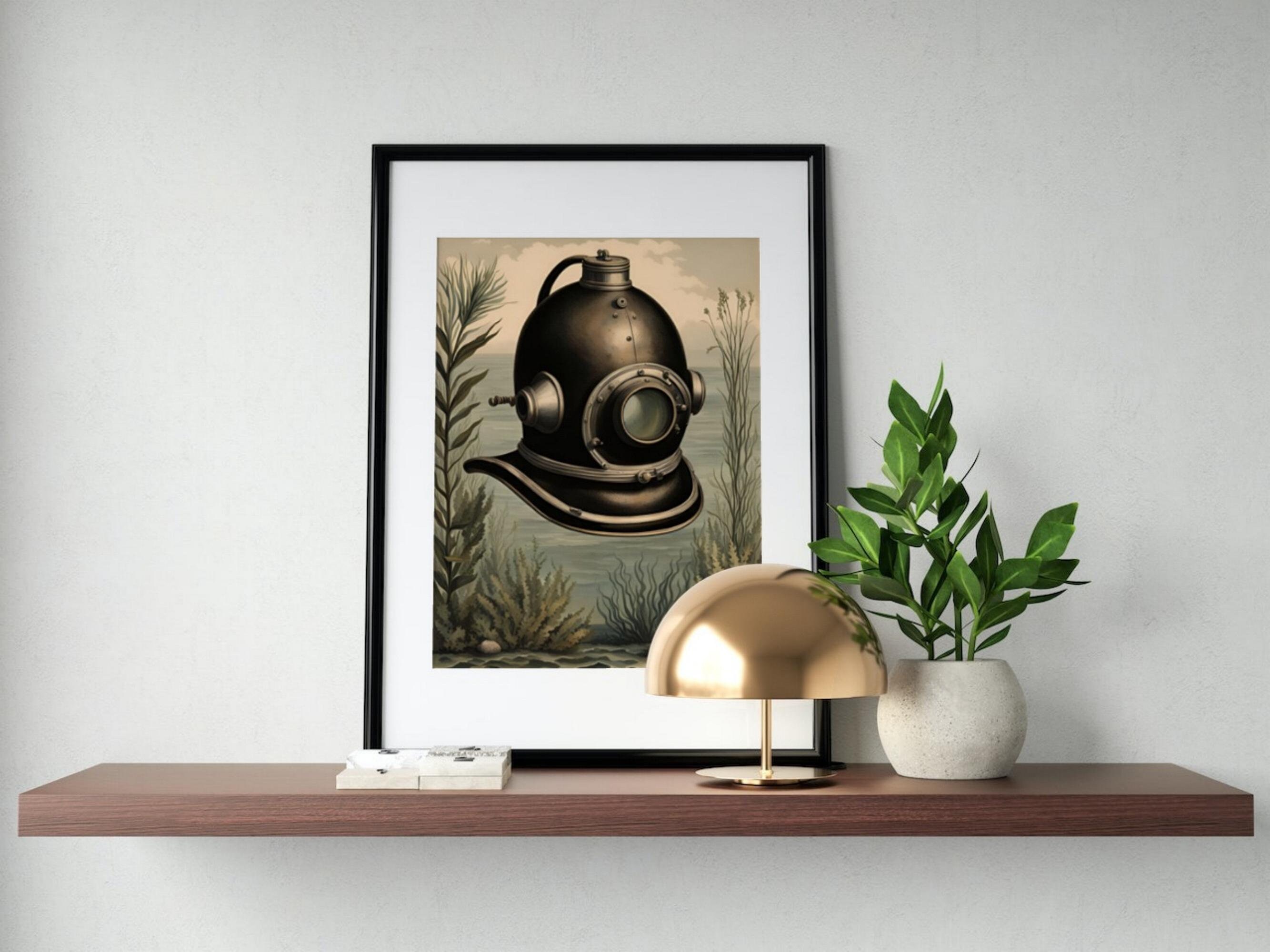 Antique Diving Helmet Art Print, Vintage Nautical Illustration, Coastal ...