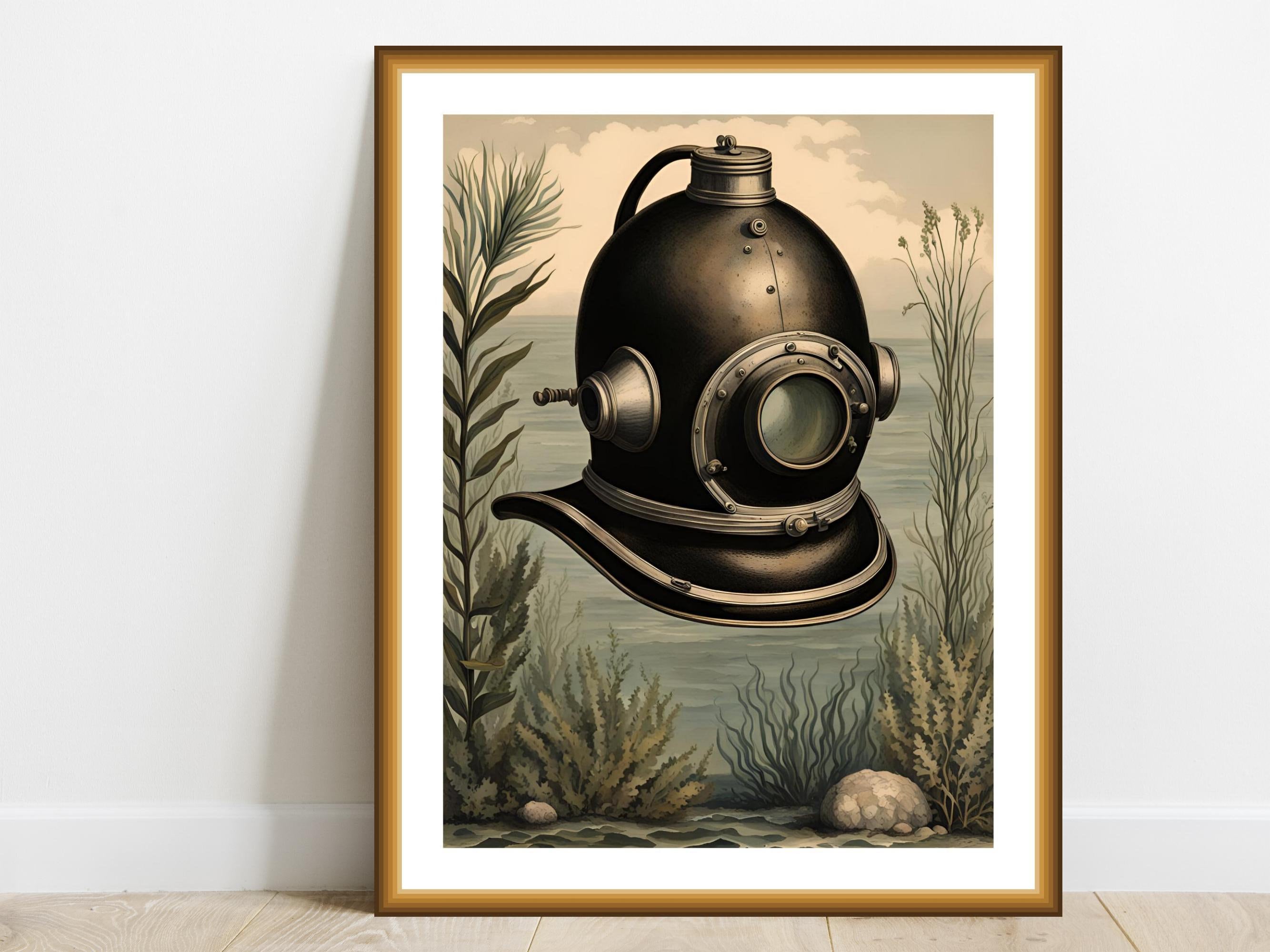 Antique Diving Helmet Art Print, Vintage Nautical Illustration, Coastal ...