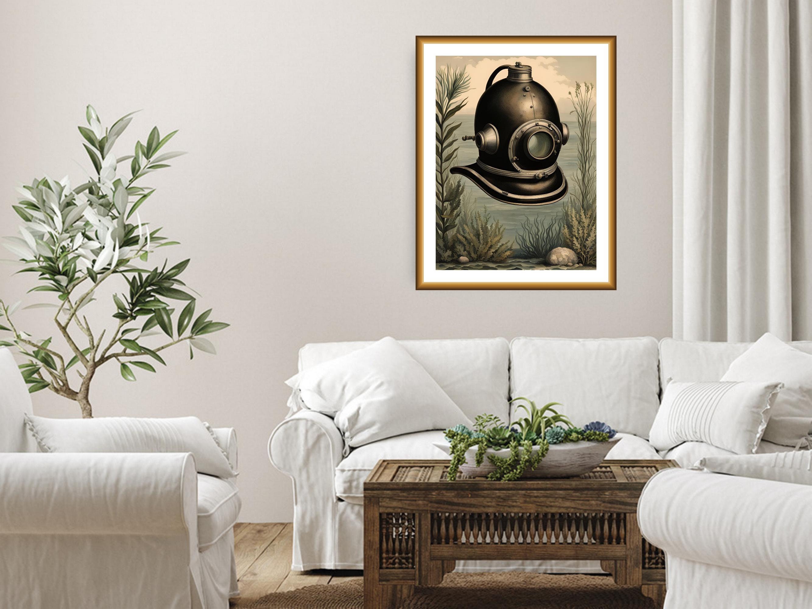 Antique Diving Helmet Art Print, Vintage Nautical Illustration, Coastal ...