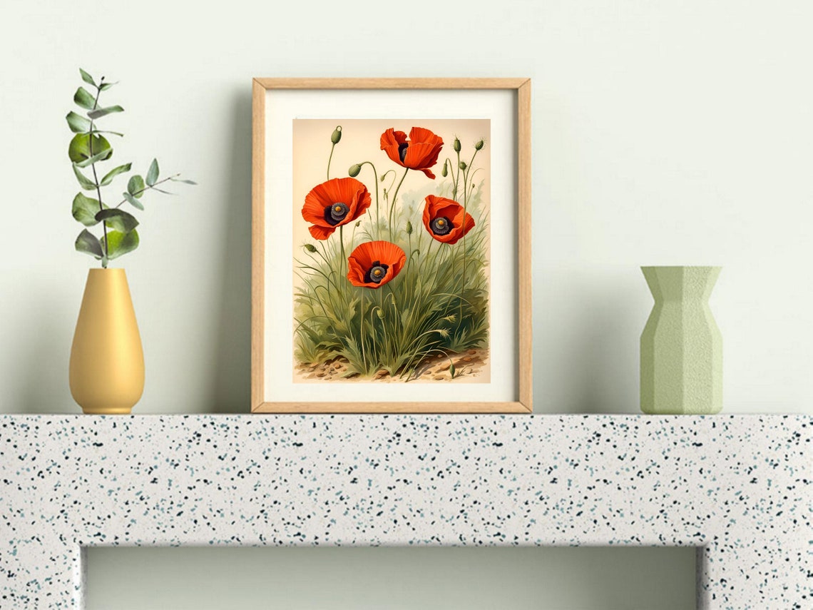 Poppy Flower Art Print, Vintage Poppies Illustration, Botanical Wall ...