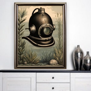 Antique Diving Helmet Art Print, Vintage Nautical Illustration, Coastal ...