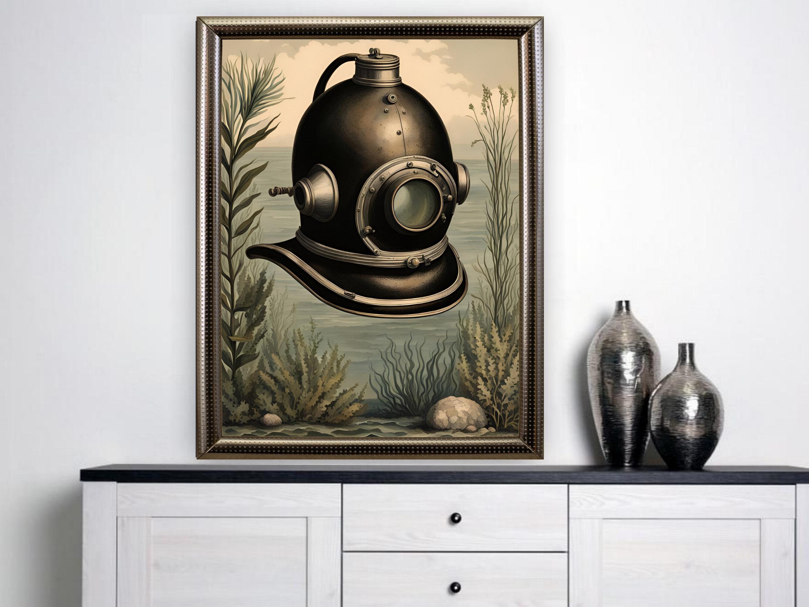 Antique Diving Helmet Art Print, Vintage Nautical Illustration, Coastal ...
