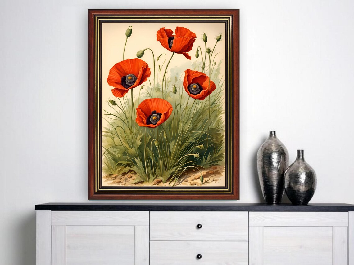Poppy Flower Art Print, Vintage Poppies Illustration, Botanical Wall ...