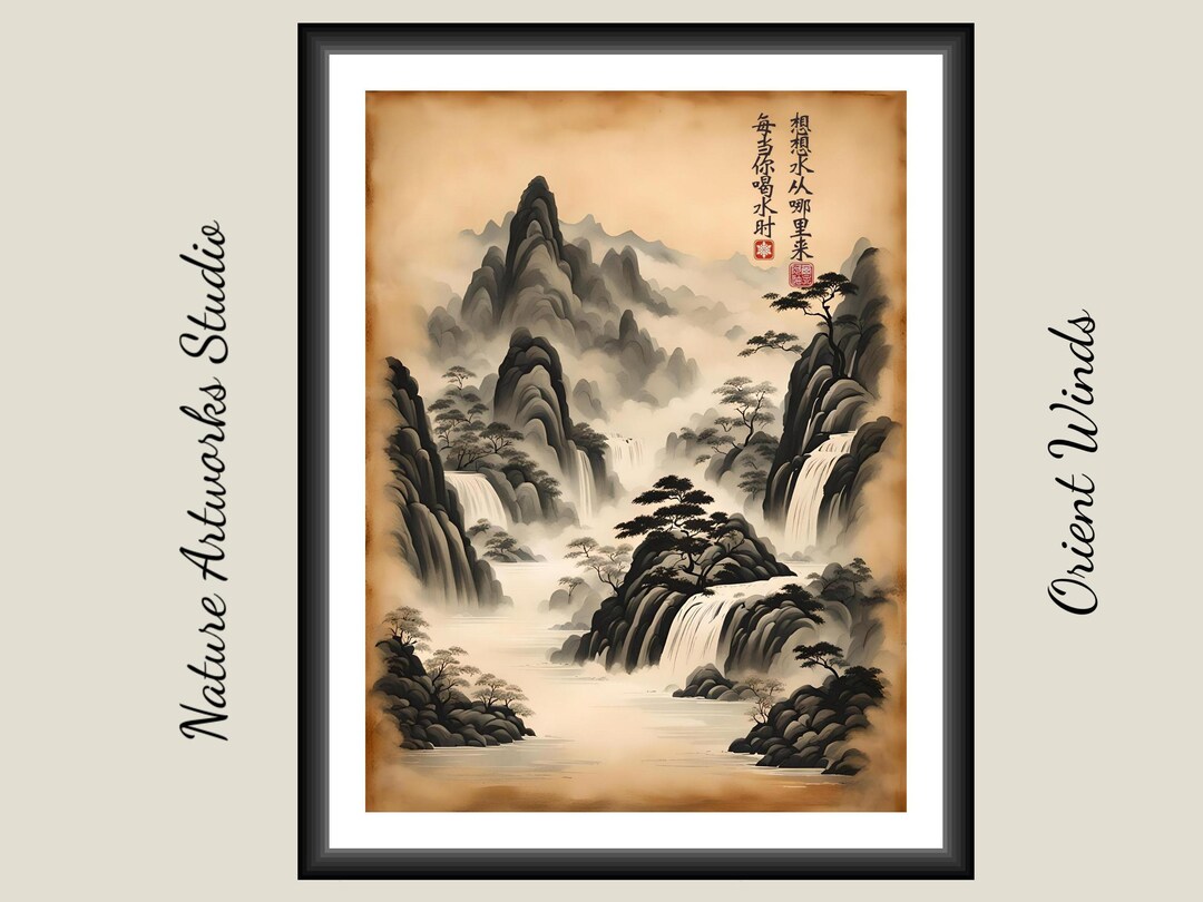 Waterfall Art Print, Traditional Chinese Landscape Painting ...