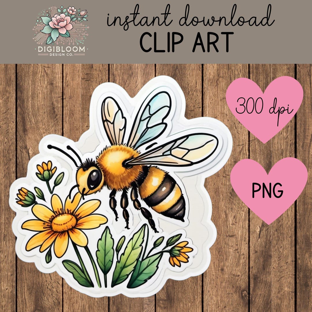 Bee and Flower Clipart | Digital Sticker | Hand-drawn Nature ...