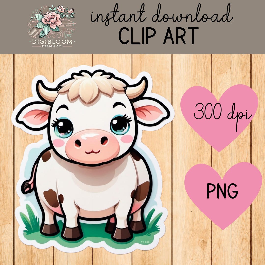 Cute Kawaii Cow Clipart - Die Cut Style Digital Graphic for ...