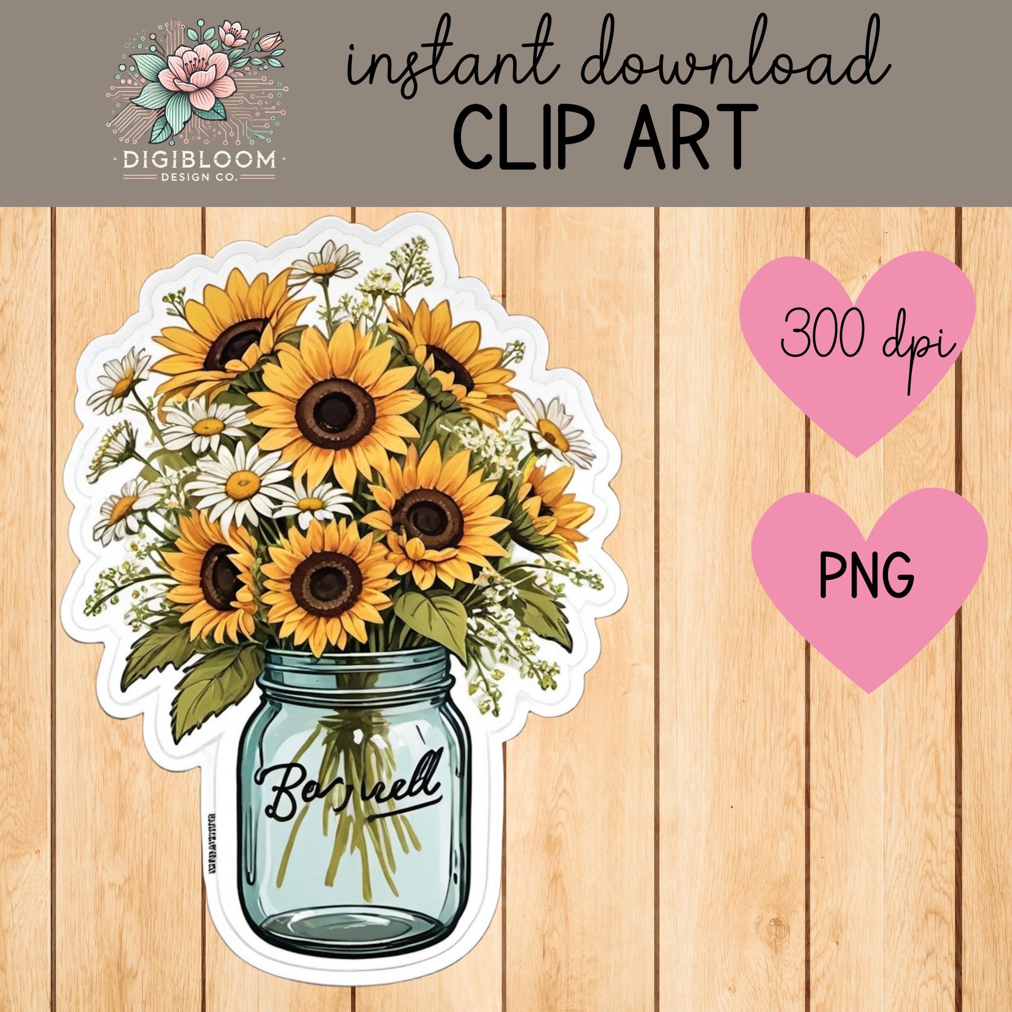 Sunflowers Mason Jar Clipart | Digital Sticker | Bright Digital Floral ...