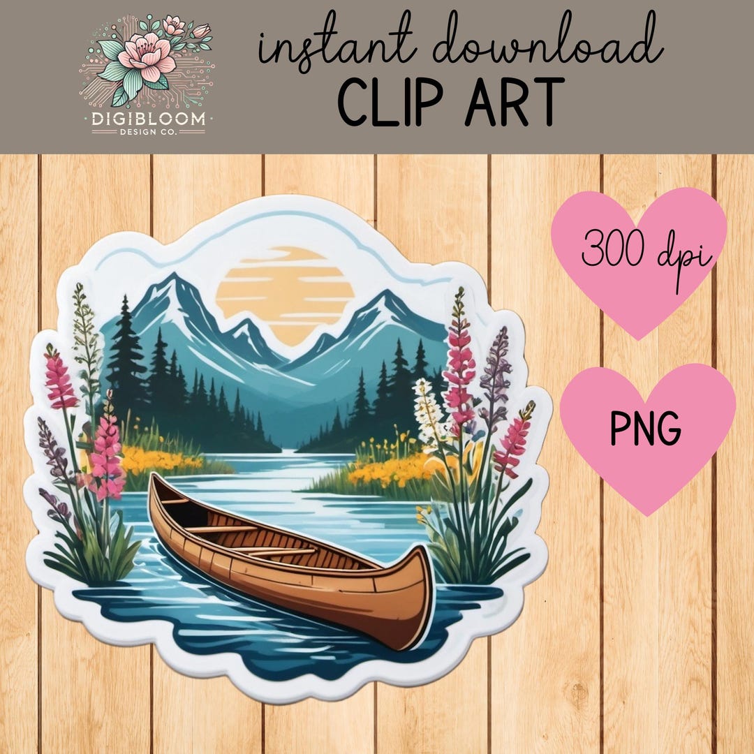 Rustic Canoe on Water Clipart | Digital Sticker | Charming Canoe ...