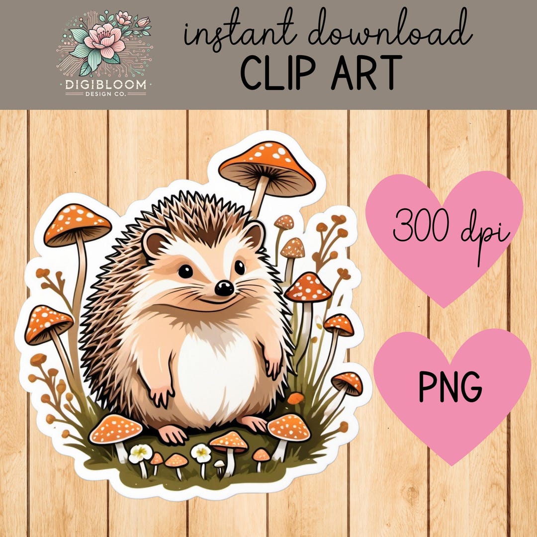 Hedgehog With Mushrooms Clipart, Woodland Animal Digital Art, Forest ...