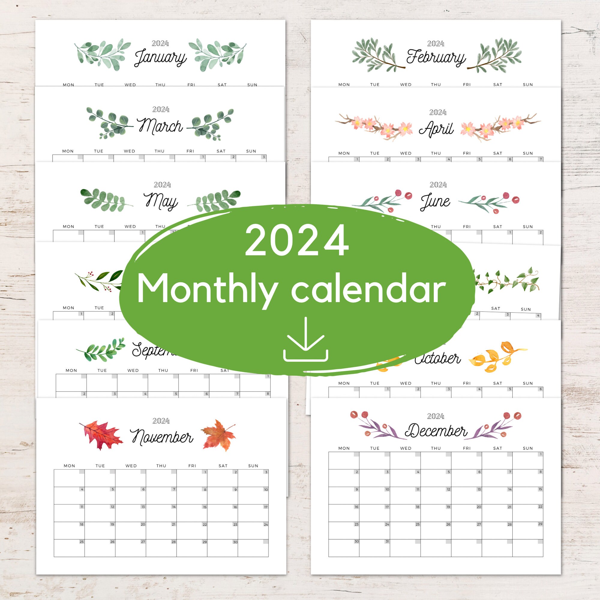 Monthly Calendar 2024 PDF Printable Calendar A4 PDF - Etsy