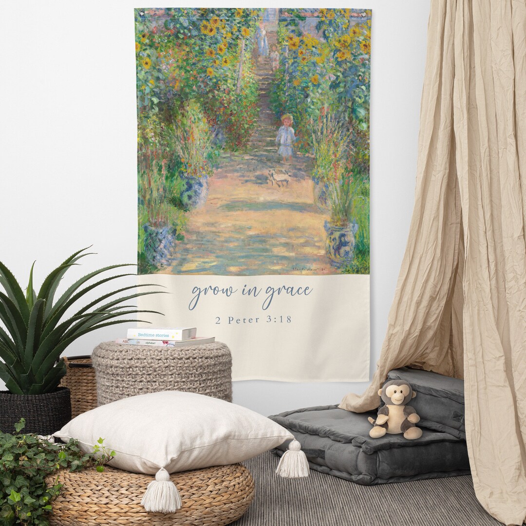 Grow in Grace Bible Verse Tapestry, Modern Scripture Decor, Christian ...