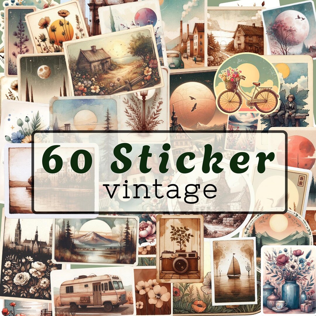 60 STICKERS Vintage I Stickers I PNG I Transparent Background I Digital ...