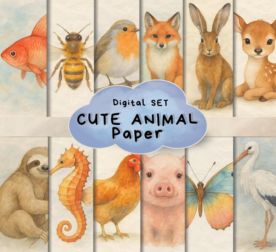 Cute Animal Digital Paper | 20 Watercolor Animal Illustrations, Cute ...