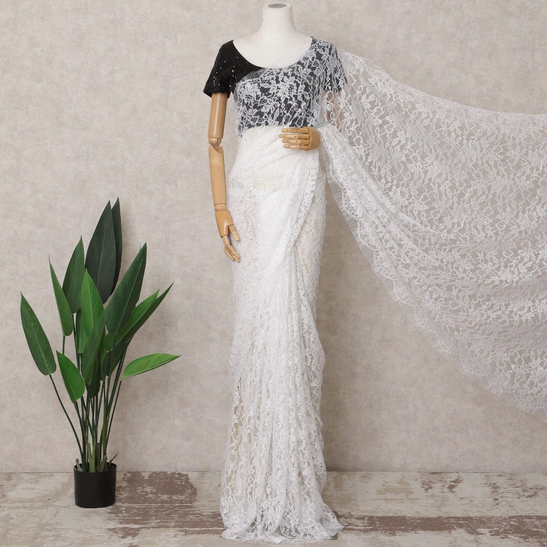Pure White Pure French Chantilly Lace Saree, 5.5 Meters, 110 Cm Wide ...