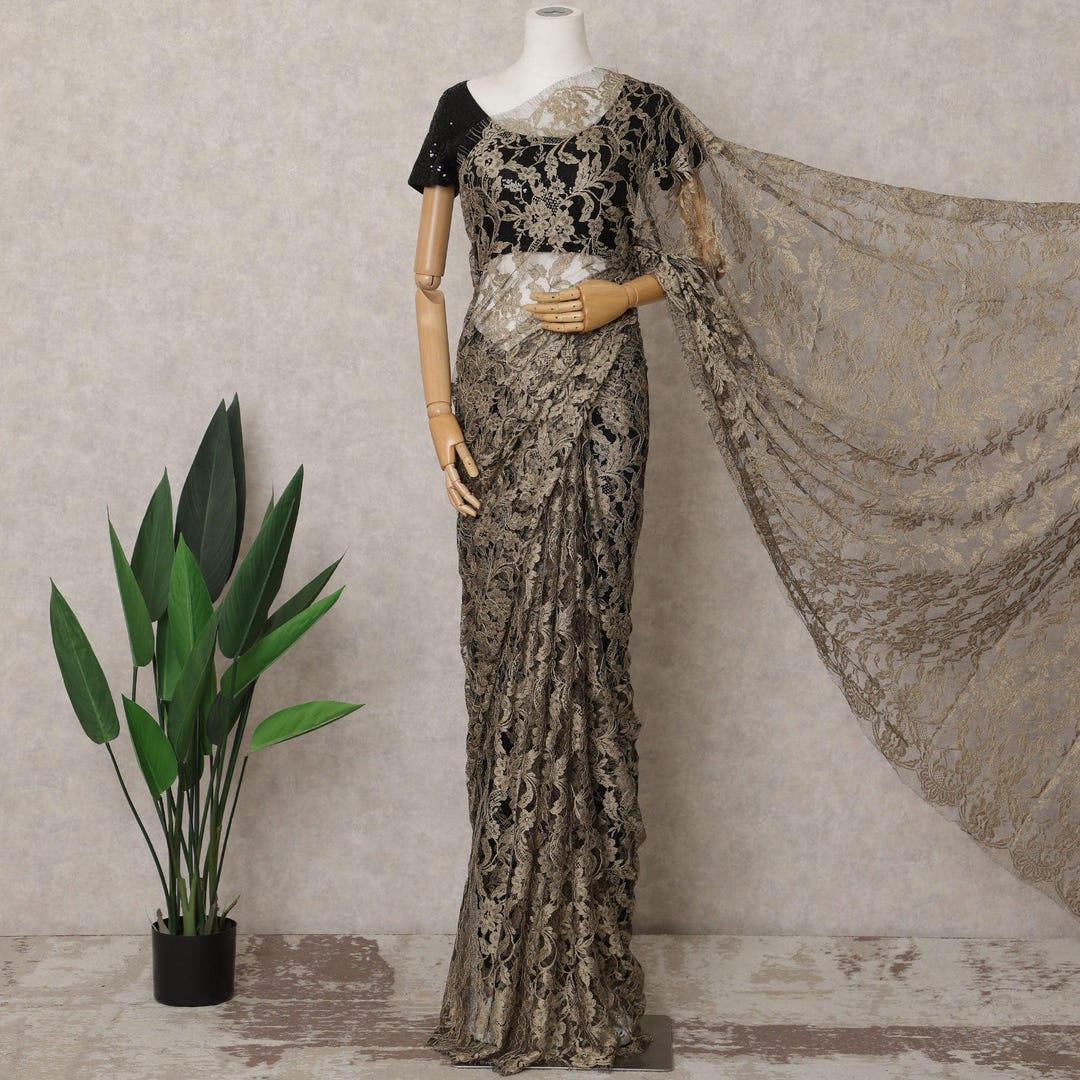 Gold and Black French 2tone Chantilly Lace Saree, 5.5 Meters, 110 Cm ...