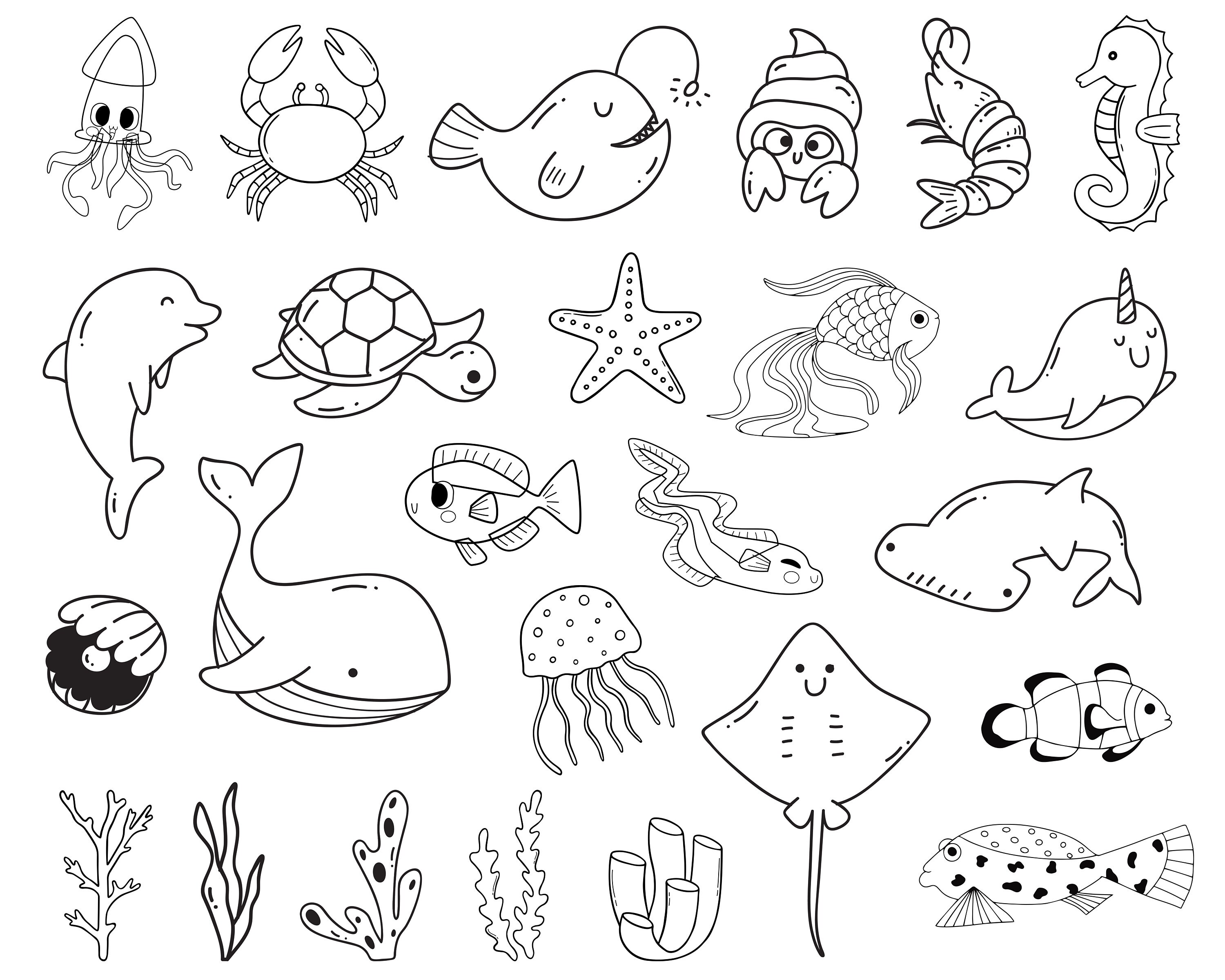 100 Sea Animal Doodle Svg Bundle Cricut Baby Turtle Silhouette Ocean ...