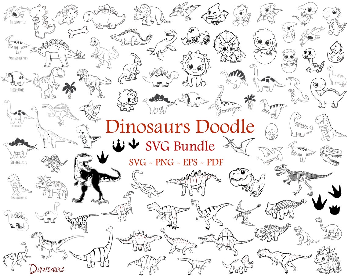 100 Dinosaur Doodle SVG Bundle Dinosaur Outline SVG Dinosaur Coloring ...