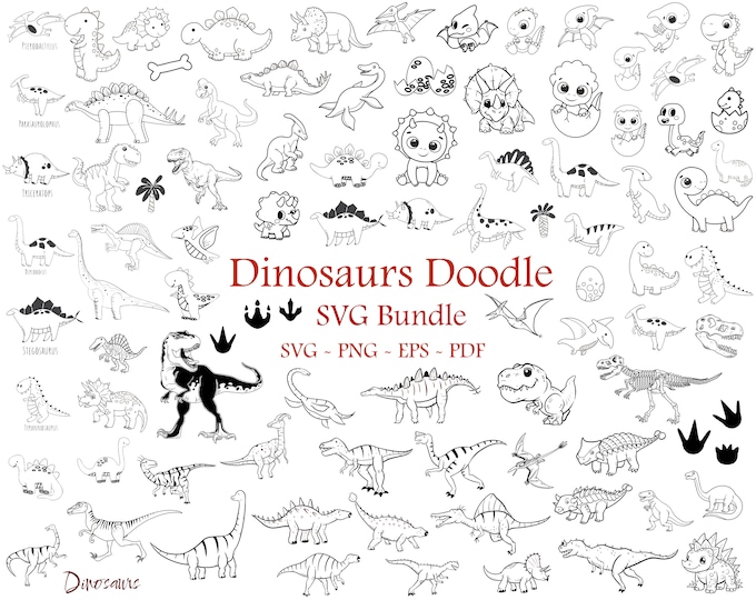 Dinosaur Svg,cute Dinosaurs, Doodle Dinosaurs, Digital Stamps, Coloring ...