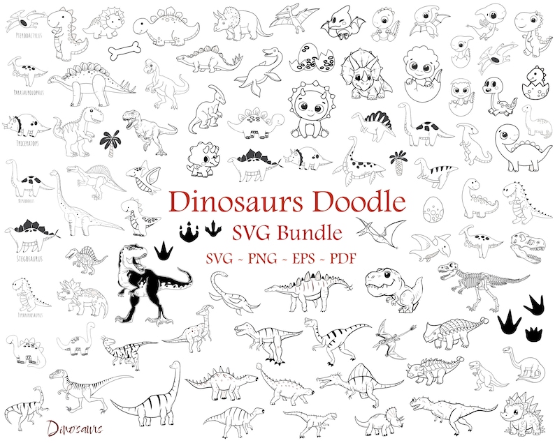 100 Dinosaur Doodle SVG Bundle / Esquema de dinosaurio SVG / Dinosaurio ...