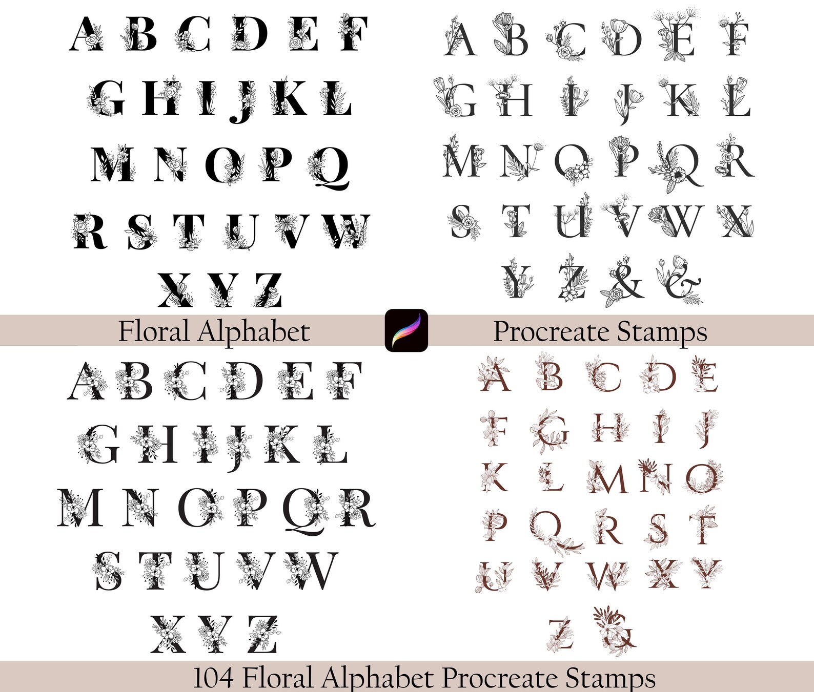 104 Floral Alphabet Procreate STAMPS, Alphabet Procreate BRUSHES ...