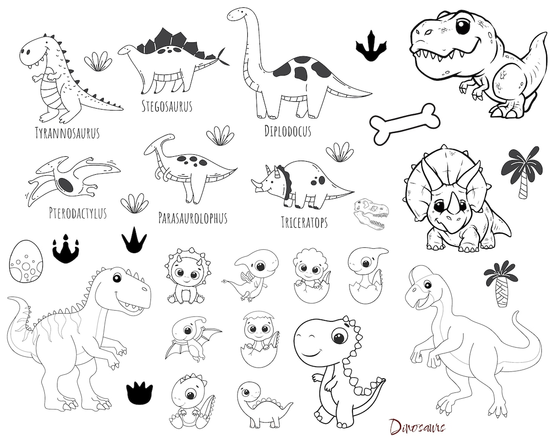 100 Dinosaur Doodle SVG Bundle Dinosaur Outline SVG Dinosaur Coloring ...