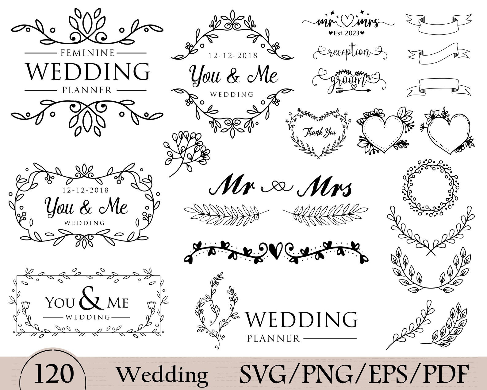120 Wedding SVG Bundle, Bride Svg, Groom Svg, Bridal Party Svg, Wedding ...