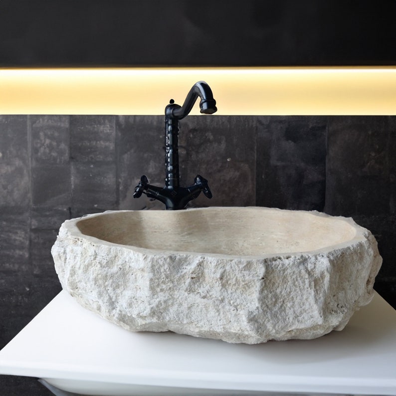 Travertine Shapeless Sink Handmade Natural Stone Bathroom Decor Beige ...