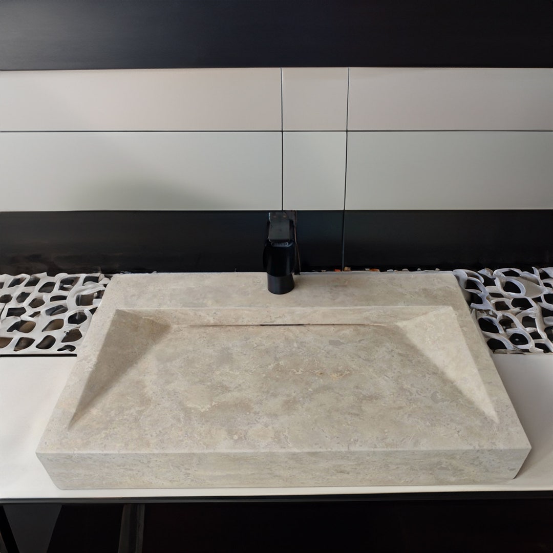 Travertine Concealed Drain Sink Rectangular Handmade Natural Stone ...