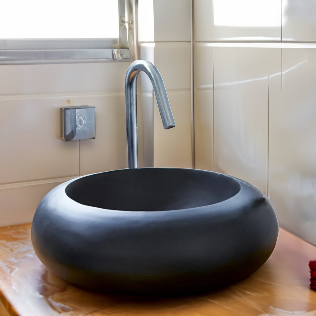 Black Basalt Marble Sink: Round Rustic Countertop - 16.53