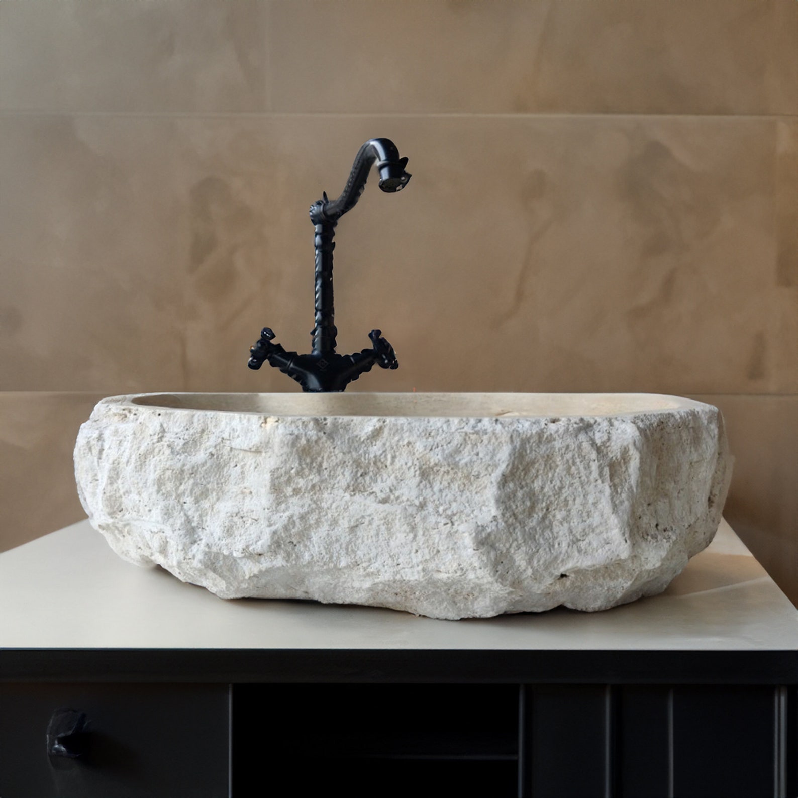 Travertine Shapeless Sink Handmade Natural Stone Bathroom Decor Beige ...