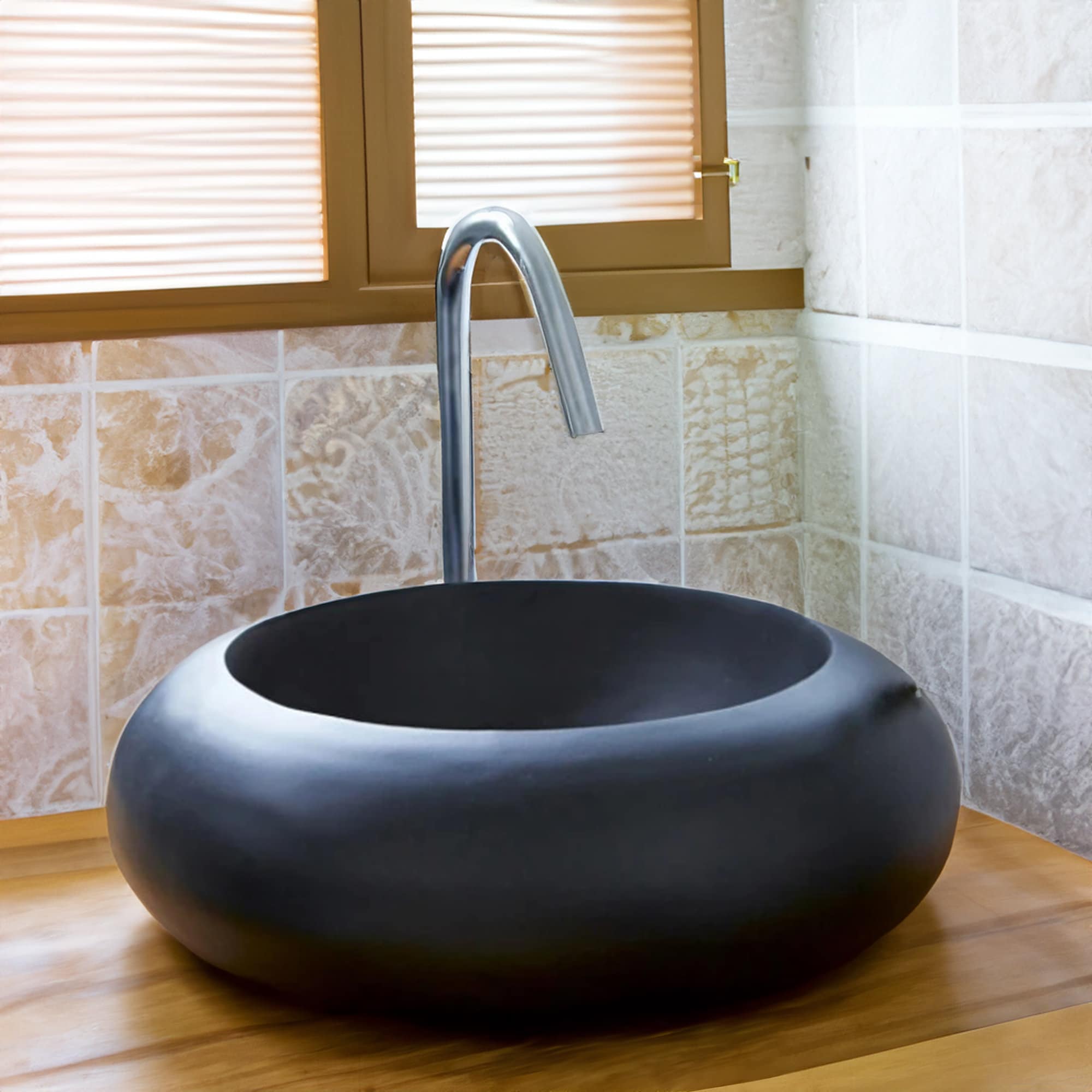 Black Basalt Marble Sink: Round Rustic Countertop - 16.53