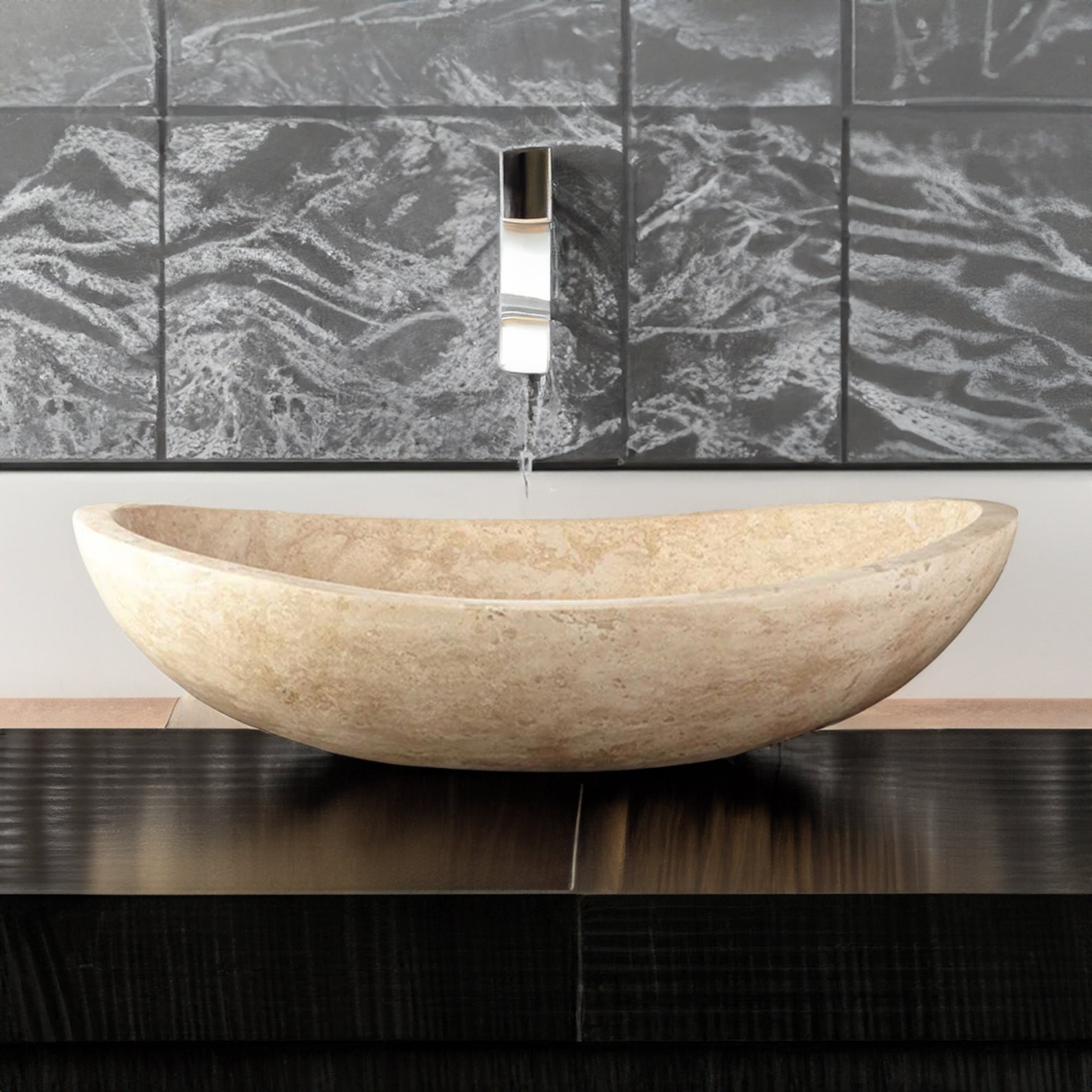 Travertine Ellipse Washbasin -trough Vessel Sink, 100% Natural Stone ...