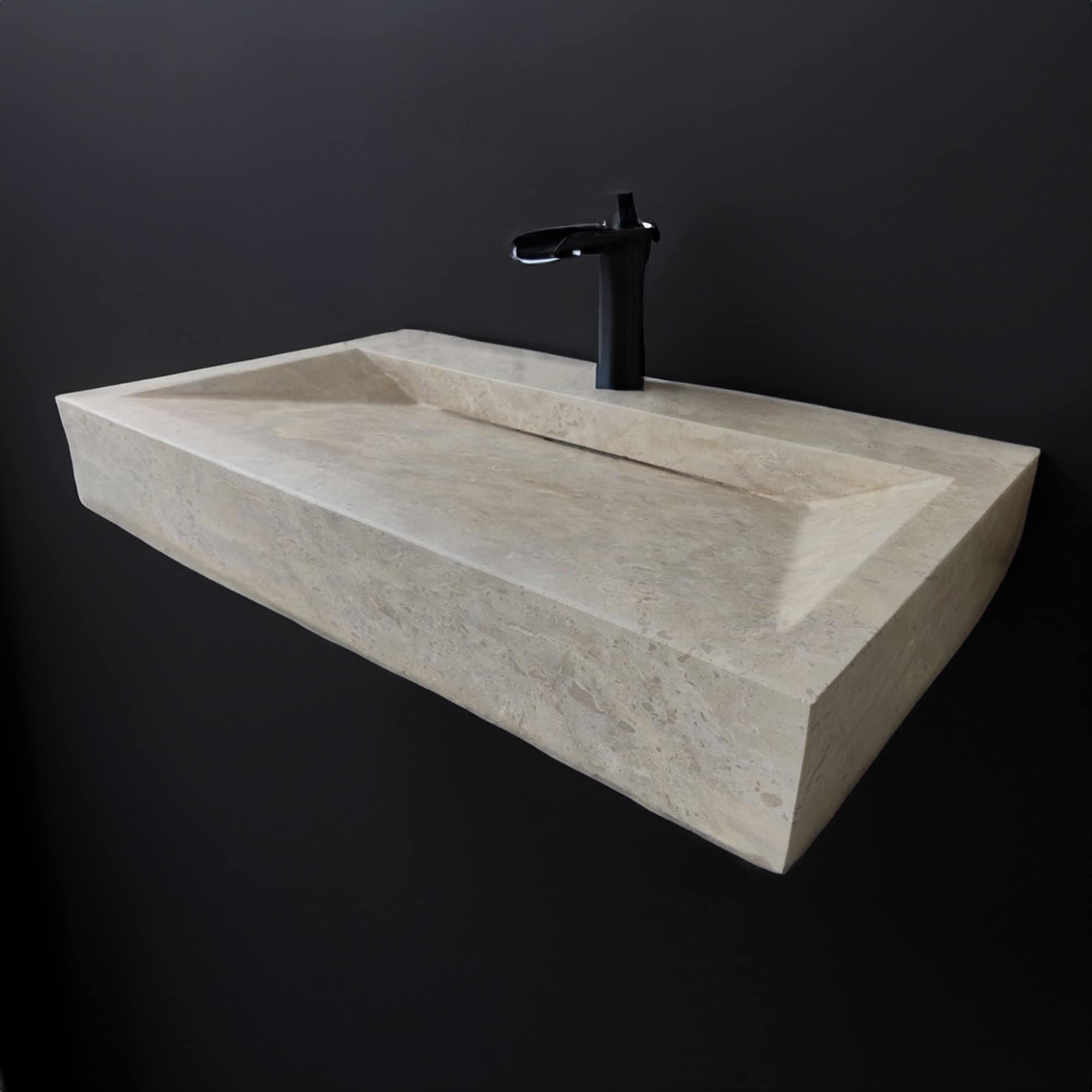 Travertine Concealed Drain Sink Rectangular Handmade Natural Stone ...