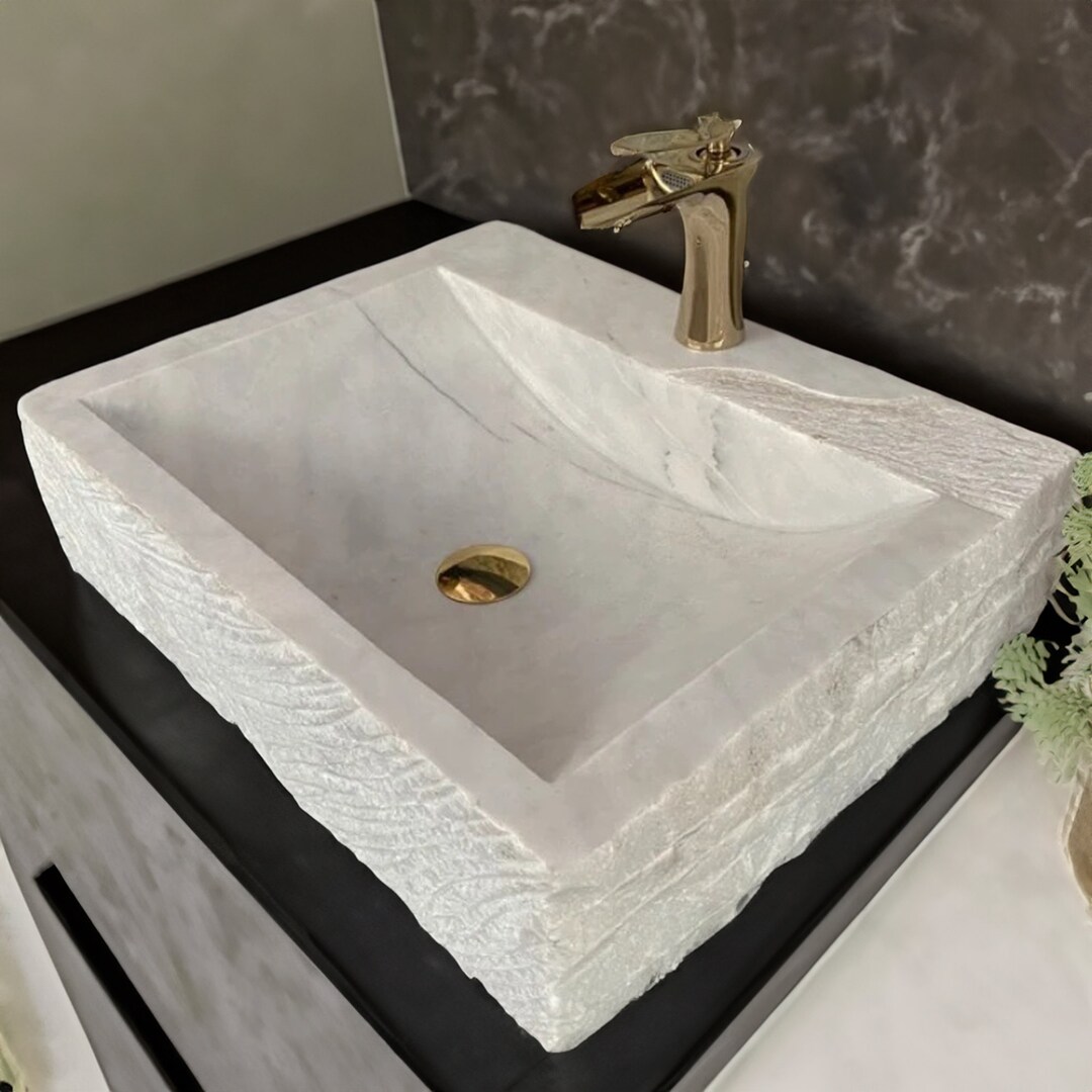 Design Split Face Sink – White Marble With Facuet Hole – Handcrafted ...