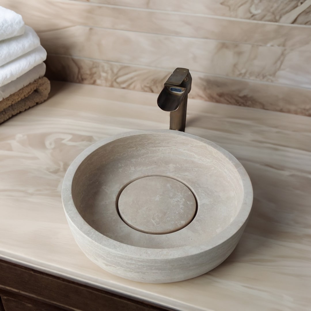Travertine Sink With Drain Cover, Round Special Design Hidden Drain ...