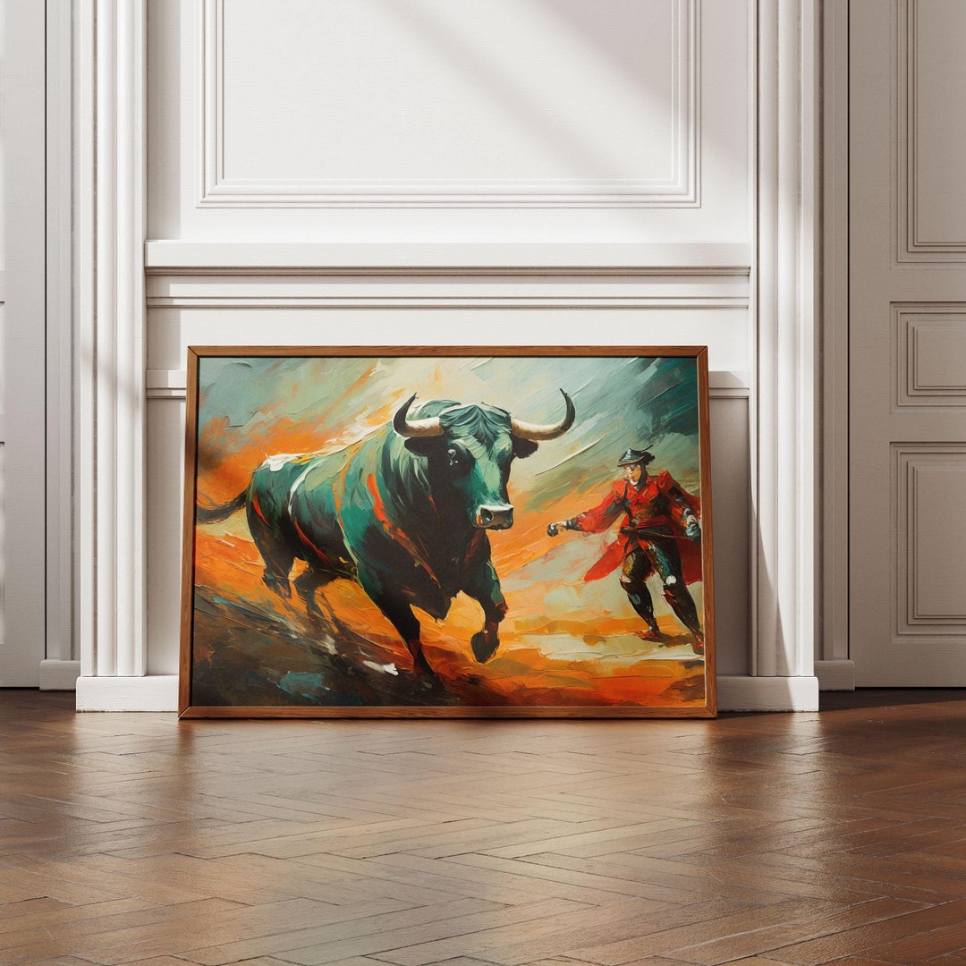 Spanish Bullfighting Oil Painting, Vibrant Toro and Matador Art, Earthy ...