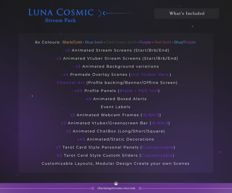 Luna Cosmic Stream Package | Twitch Animated Overlay (PDF) - Etsy