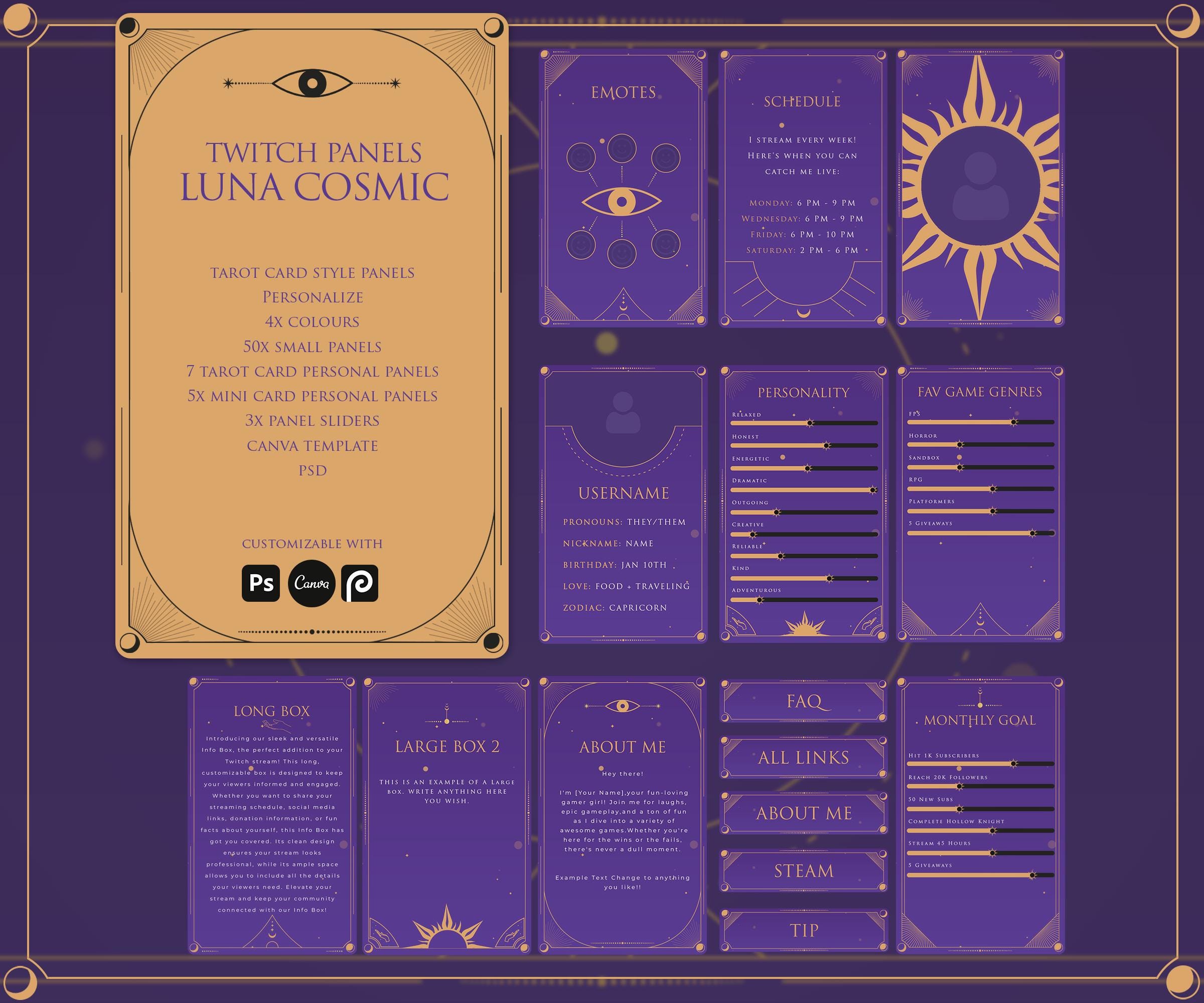 Luna Cosmic Twitch Panels – Purple Tarot Card Style, Customizable ...