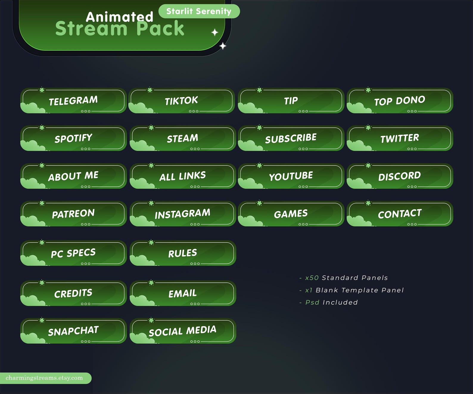 Starlit Serenity - Green Stream Pack, Aesthetic Star Moon Themed Twitch ...