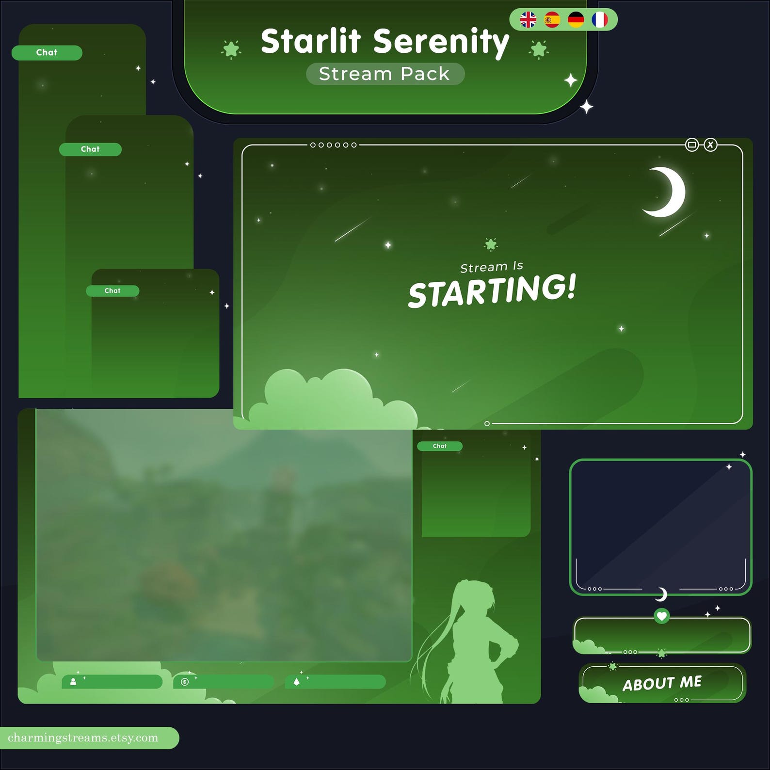 Starlit Serenity - Green Stream Pack, Aesthetic Star Moon Themed Twitch ...