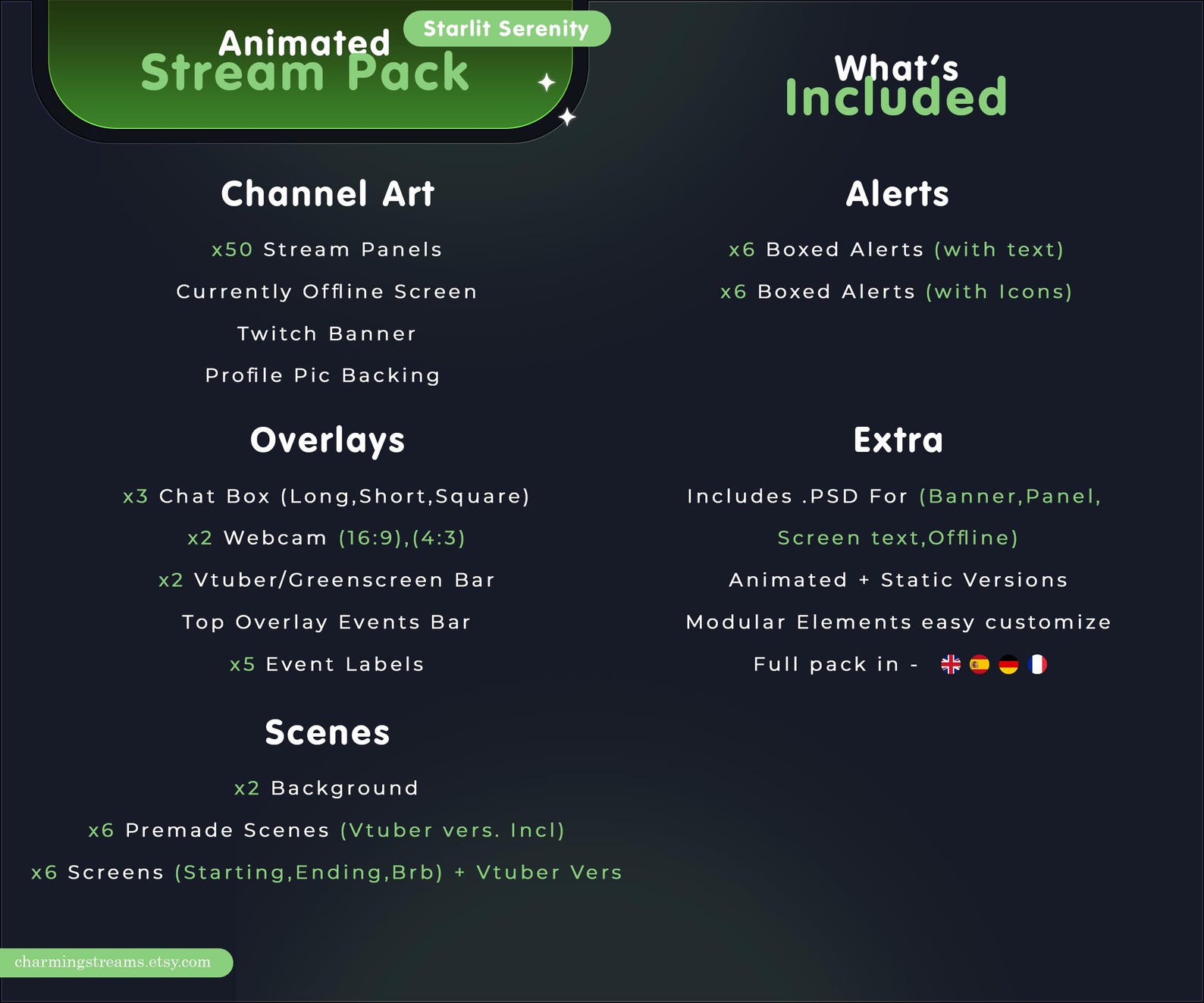 Starlit Serenity - Green Stream Pack, Aesthetic Star Moon Themed Twitch ...