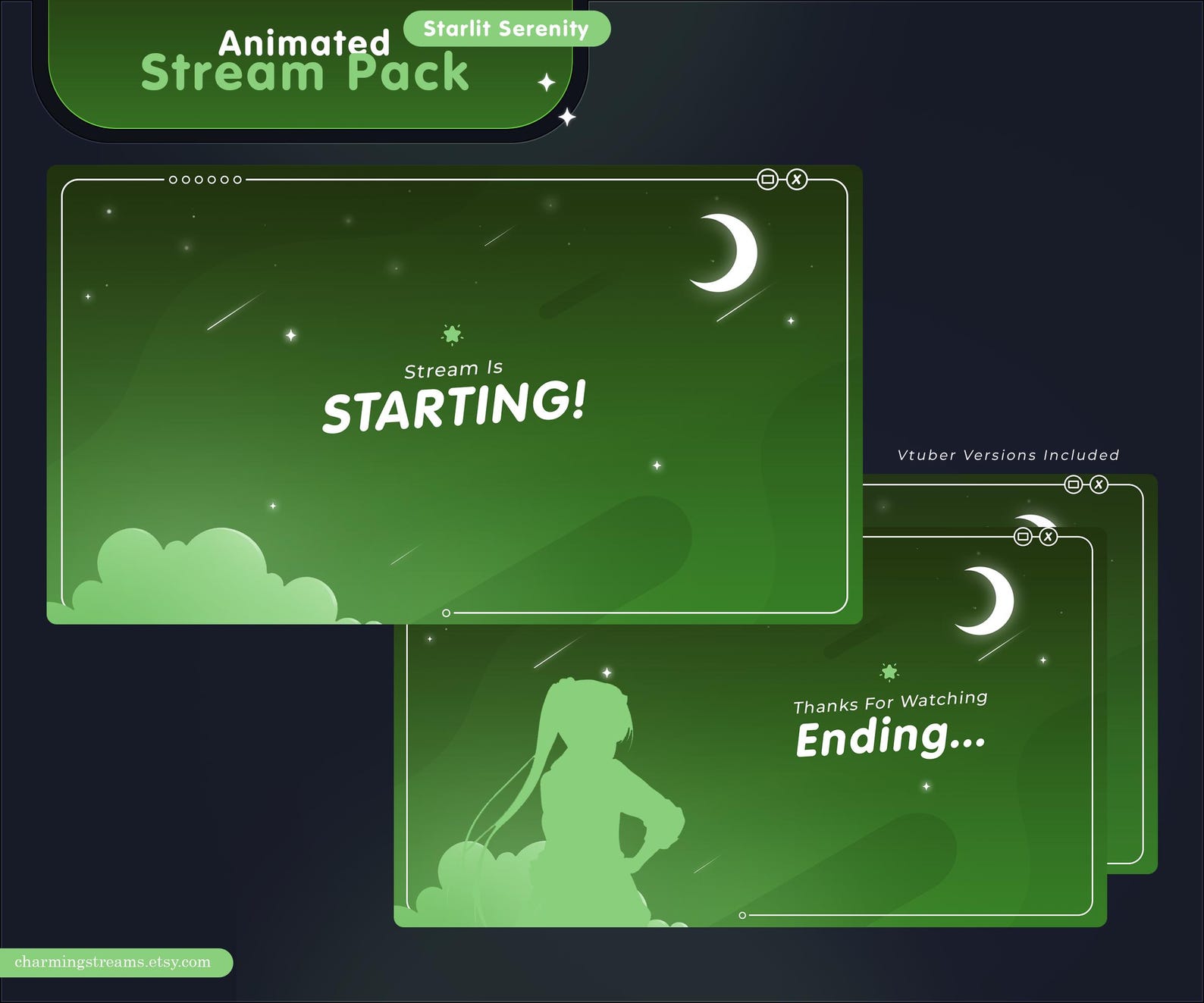 Starlit Serenity - Green Stream Pack, Aesthetic Star Moon Themed Twitch ...