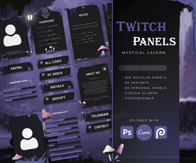 Mystical Cavern Twitch Panels, Customizable, Sliders Magical Mushroom, Enchanted , Glow Mushroom ...