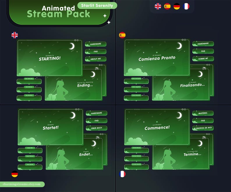 Starlit Serenity - Green Stream Pack, Aesthetic Star Moon Themed Twitch ...