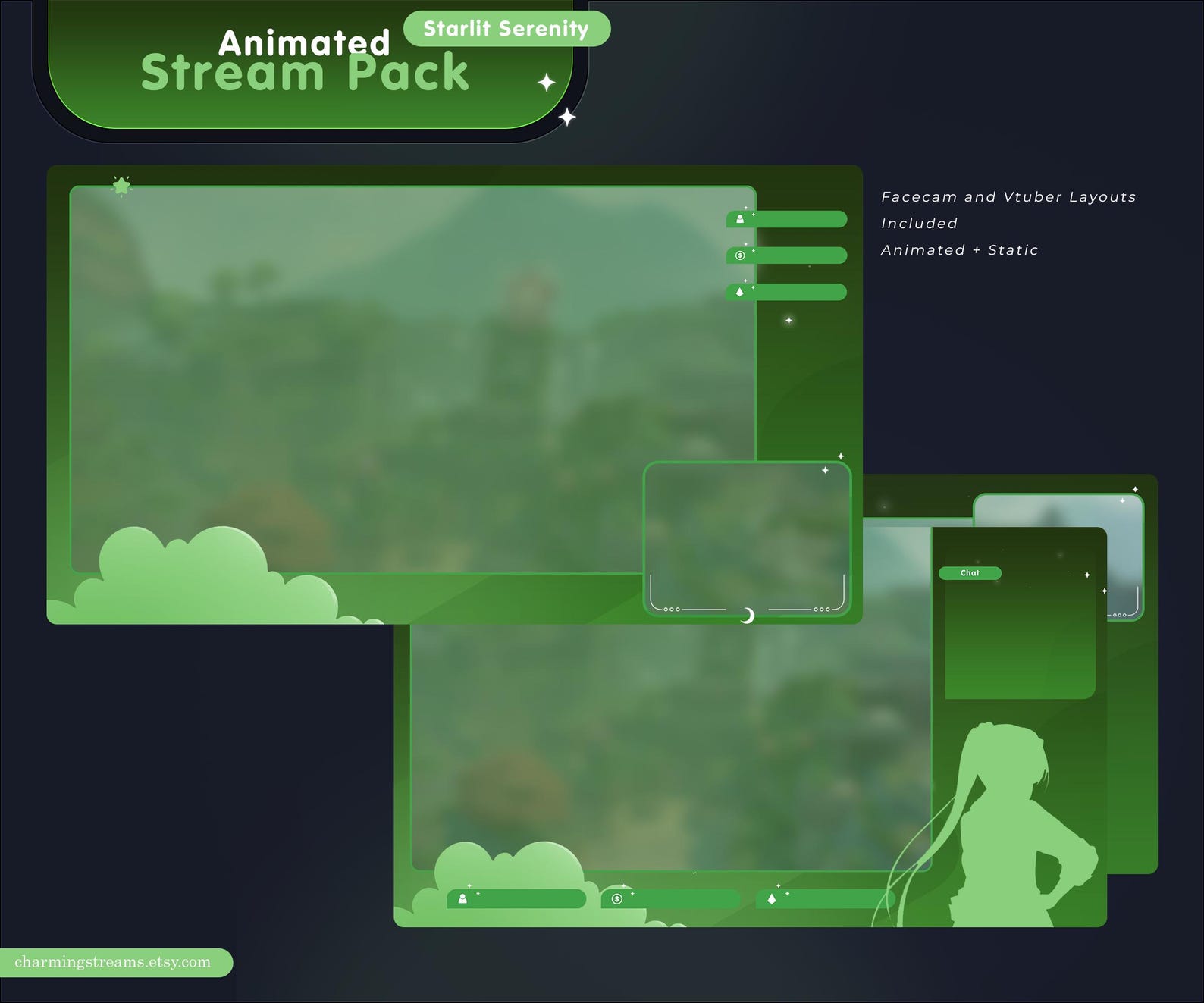 Starlit Serenity - Green Stream Pack, Aesthetic Star Moon Themed Twitch ...