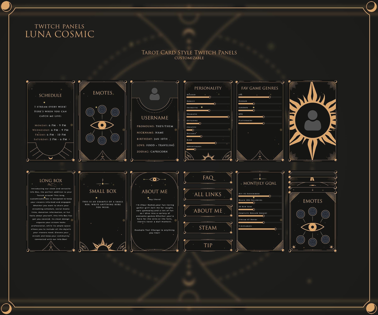 Luna Cosmic Twitch Panels: Gold Tarot Card Style (canva, Photopea) - Etsy
