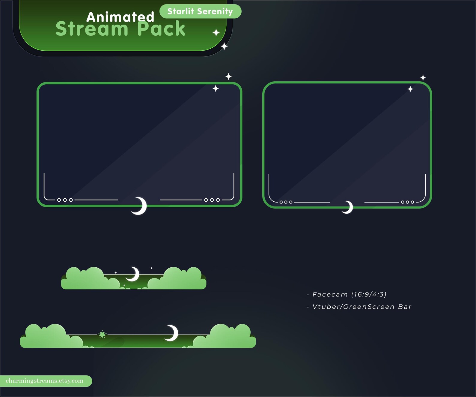 Starlit Serenity - Green Stream Pack, Aesthetic Star Moon Themed Twitch ...
