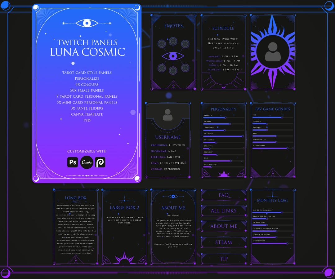 Luna Cosmic Twitch Panels: Purple Blue Tarot Style (canva, Photopea) - Etsy