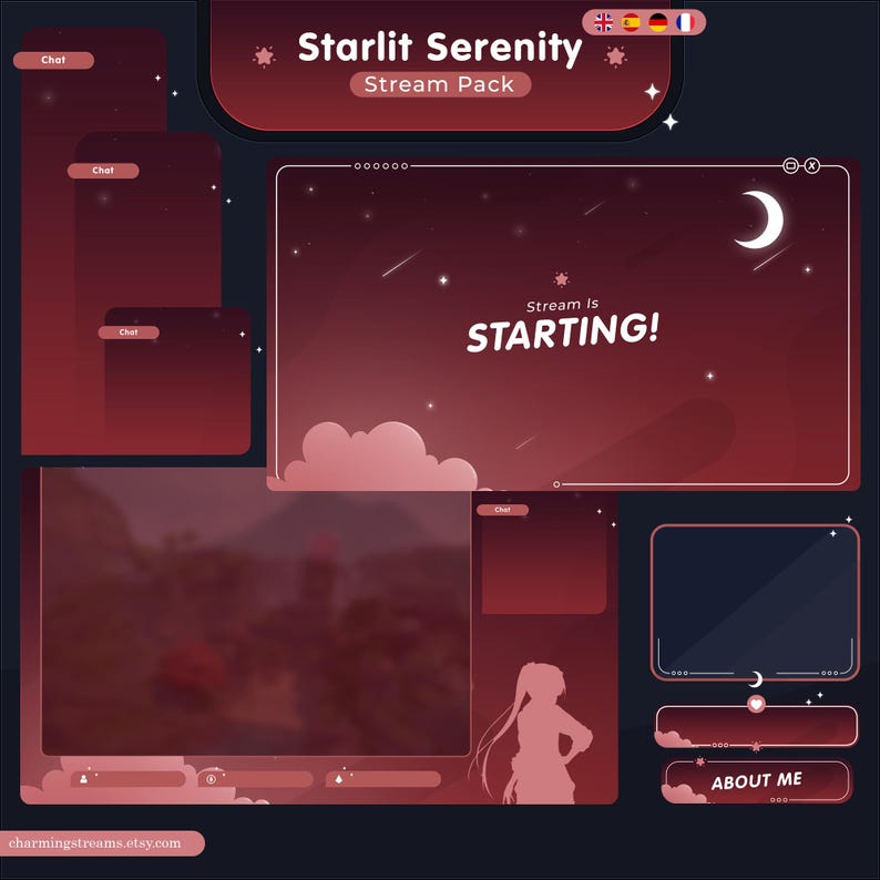 Starlit Serenity - Red Stream Pack, Aesthetic Star Moon Themed Twitch ...