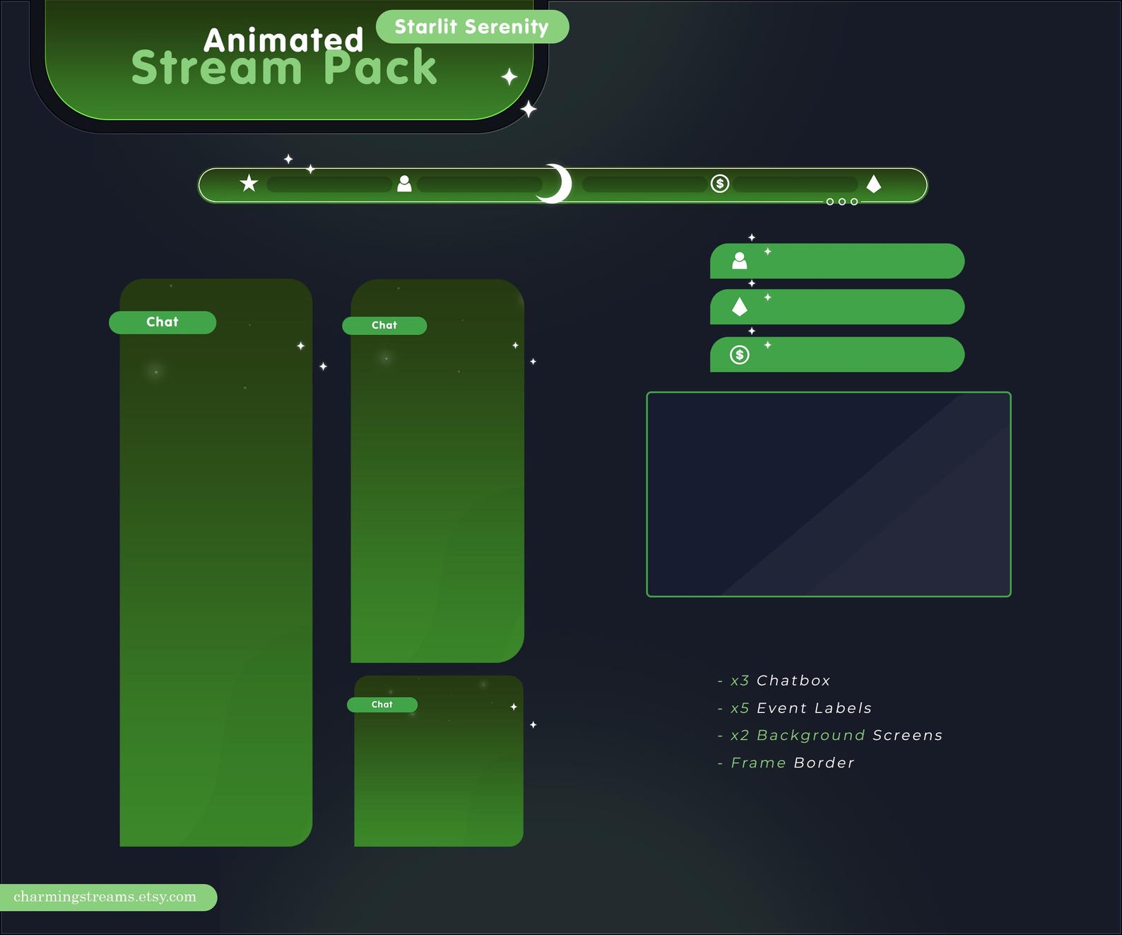Starlit Serenity - Green Stream Pack, Aesthetic Star Moon Themed Twitch ...